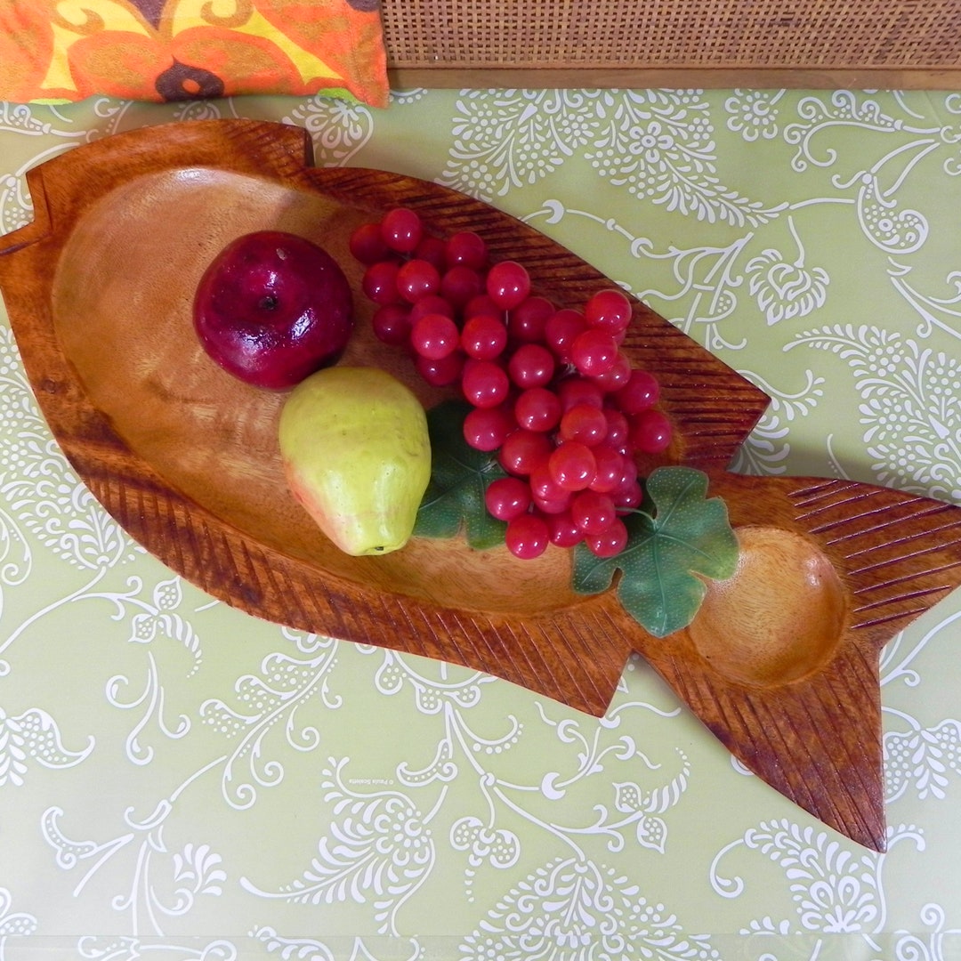 Large Wood Fish Platter | Vintage Wooden Tray | Hand Carved Artisan ...