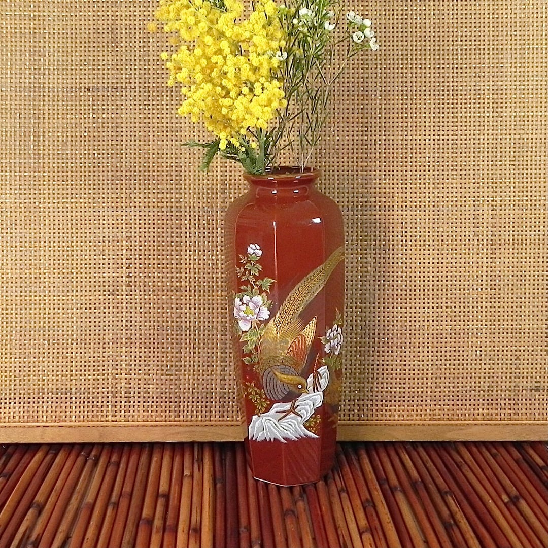 Japanese Gold Pheasant Vase | Asian Decor | Tall Long Stem Flower Vase ...
