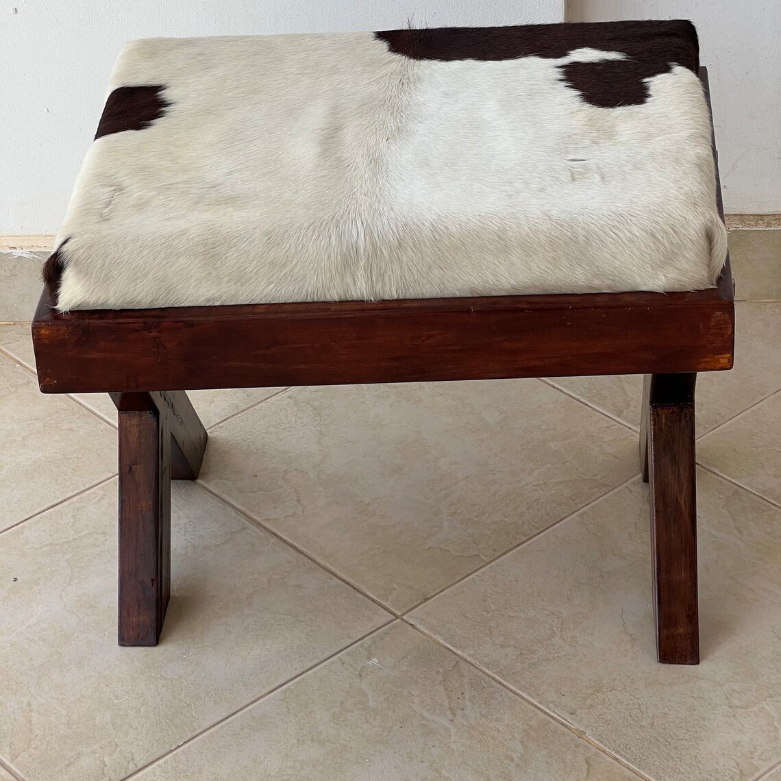 African Black and White Cowhide Ottoman X Leg Stool Home Decor - Etsy