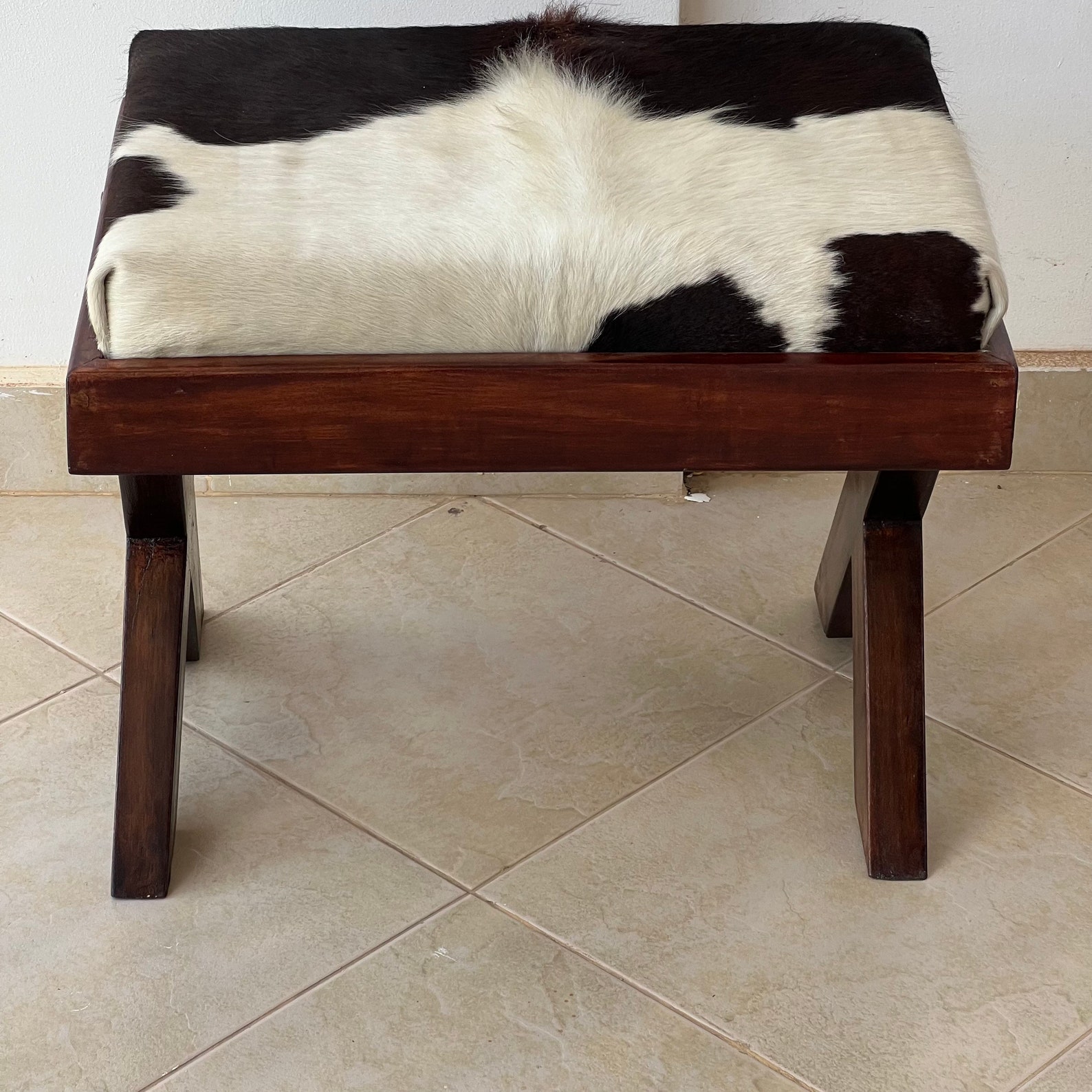 Black and White Cowhide Ottoman X Leg Stool - Etsy