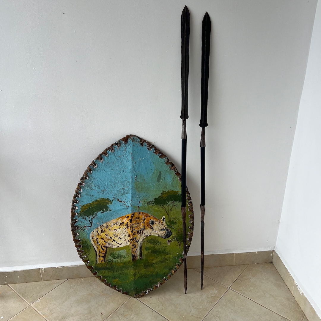 Maasai Shield With A Paint of A Hyena and Two Maasai Spears - Etsy