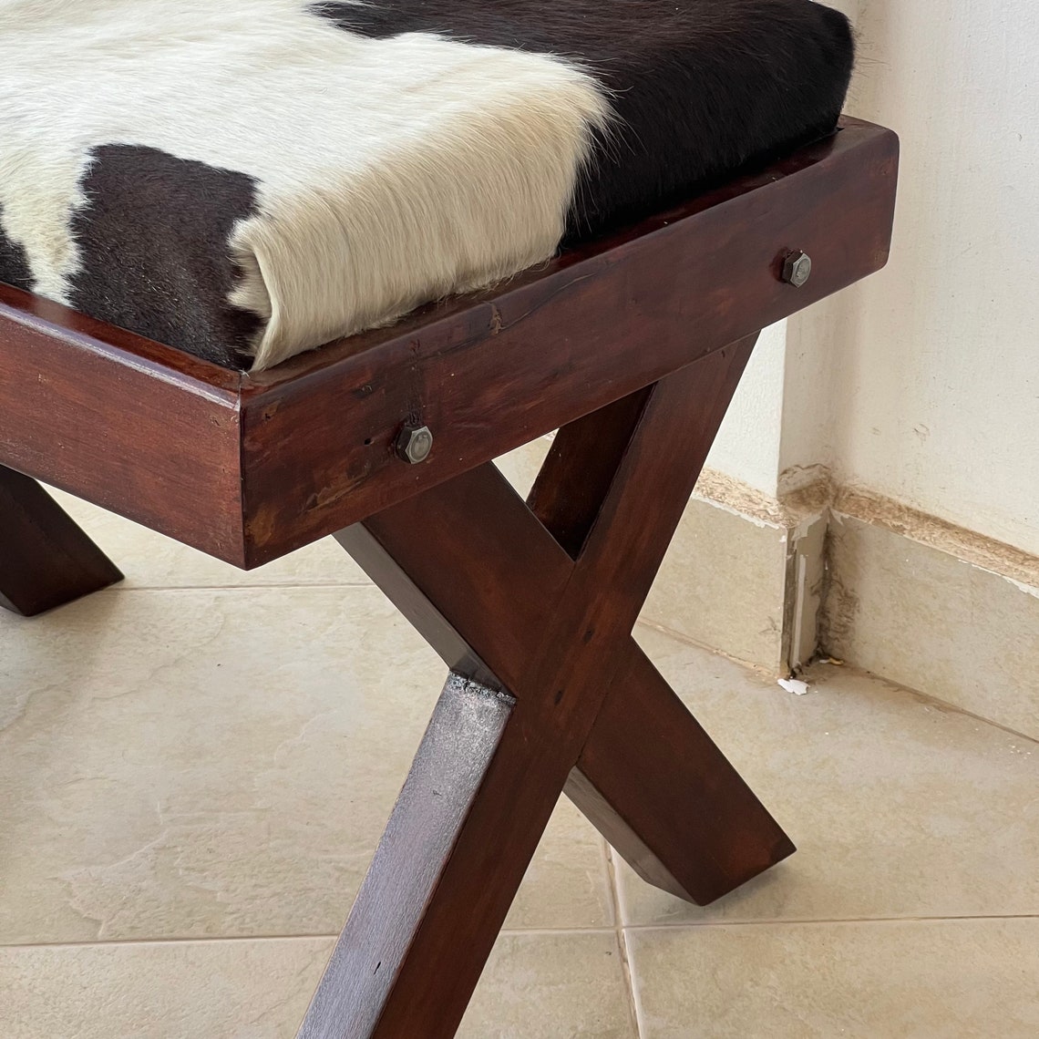 Black and White Cowhide Ottoman X Leg Stool - Etsy