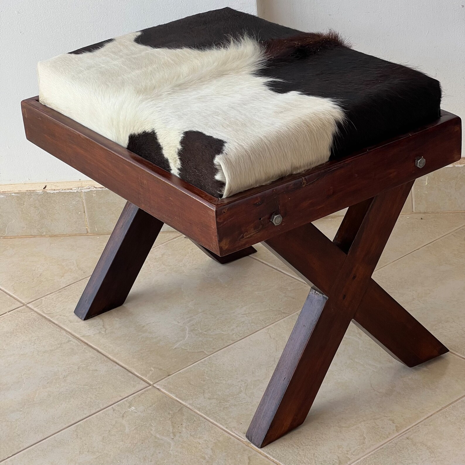 Black and White Cowhide Ottoman X Leg Stool - Etsy