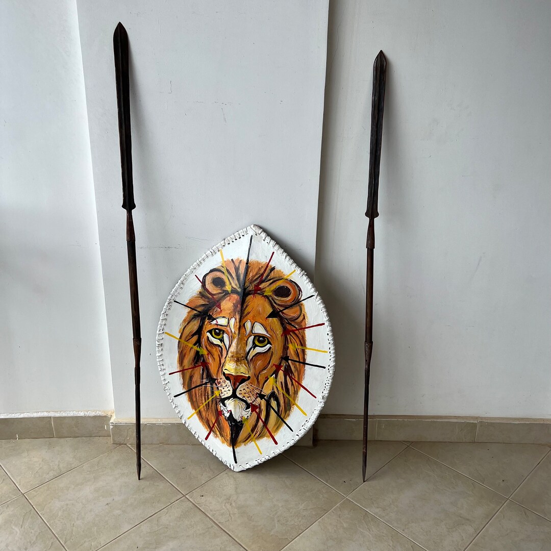 Maasai Shield With A Paint of A Lion and Two Maasai Lion Spears - Etsy