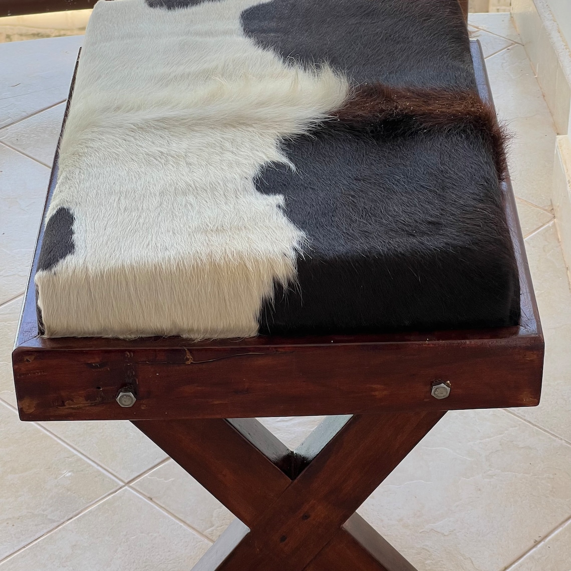 Black and White Cowhide Ottoman X Leg Stool - Etsy