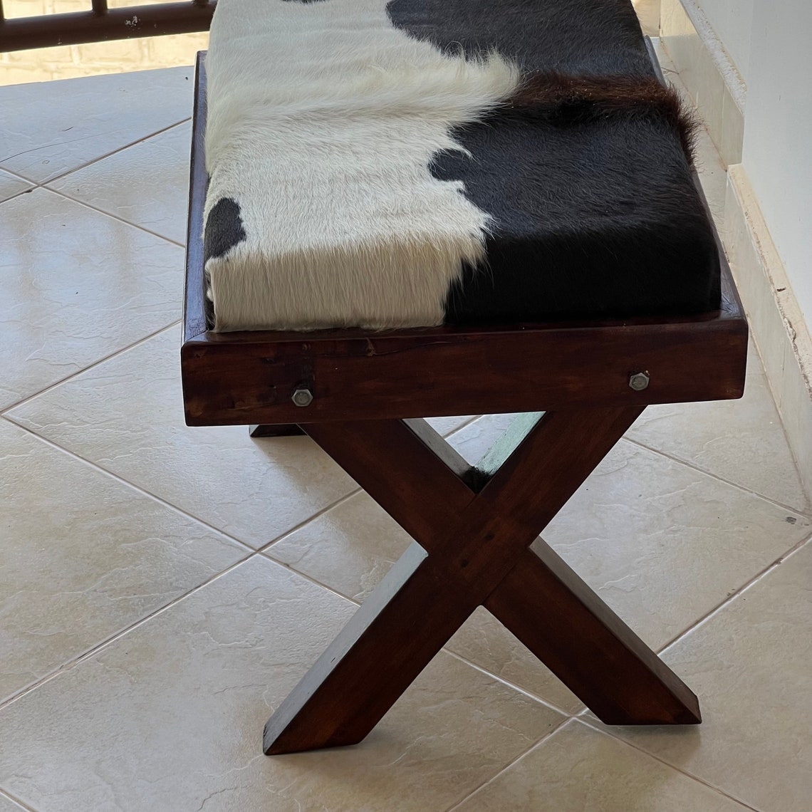 Black and White Cowhide Ottoman X Leg Stool - Etsy