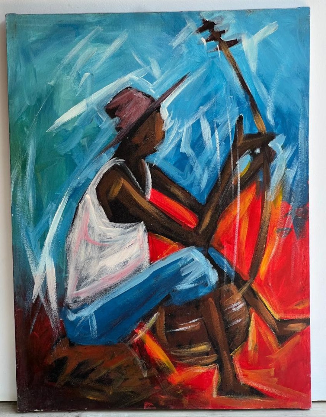 Abstract Painting Man Playing Ancient Musical Instrument, African ...