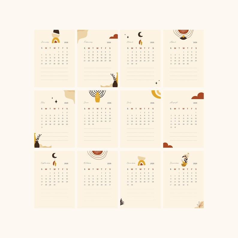 2026 Boho Printable Calendar Sunday Start Digital Download Aesthetic ...