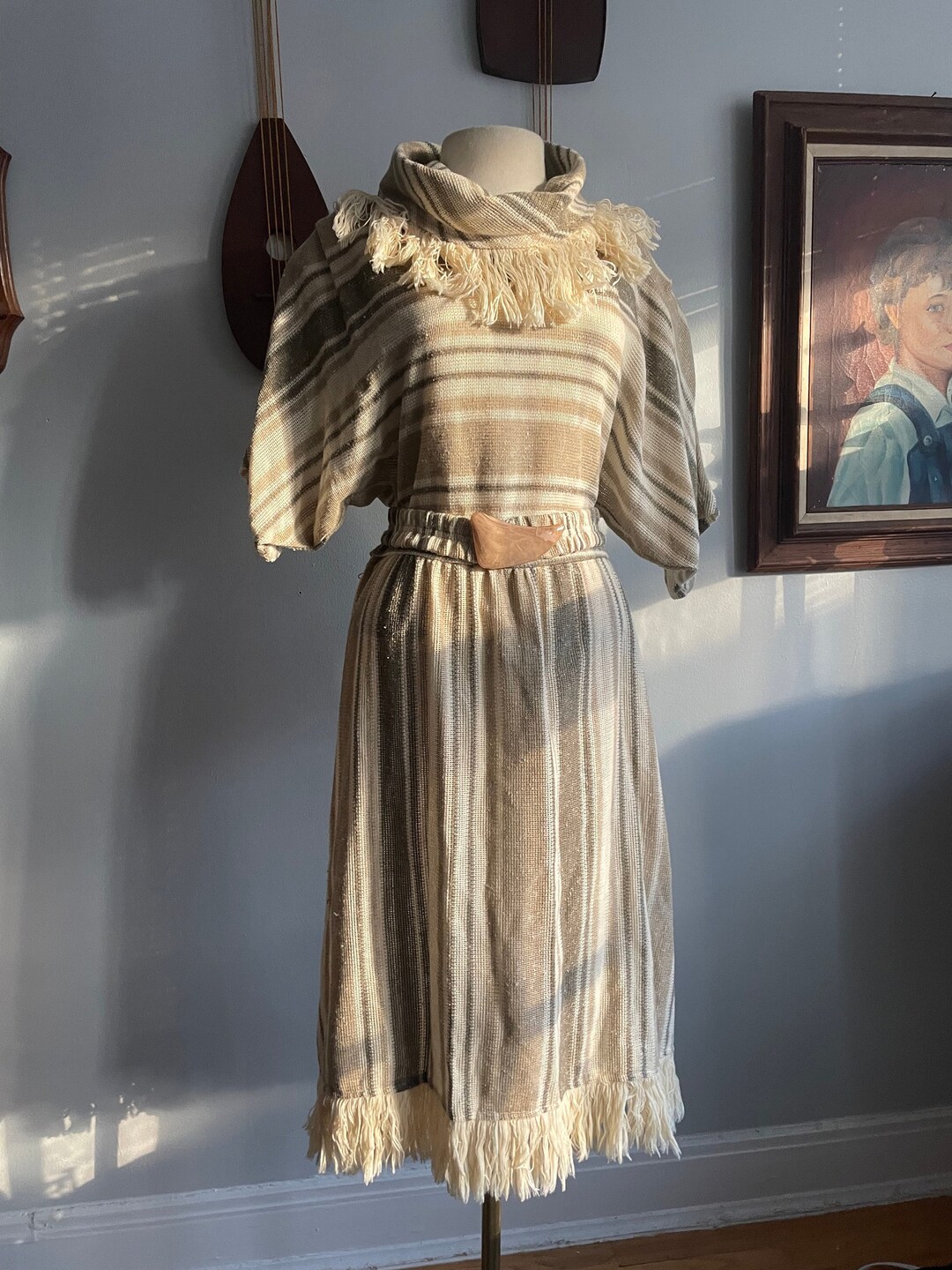 Early 80s John Roberts Belted, Knit Dress With Cowl Neck and Fringe - Etsy