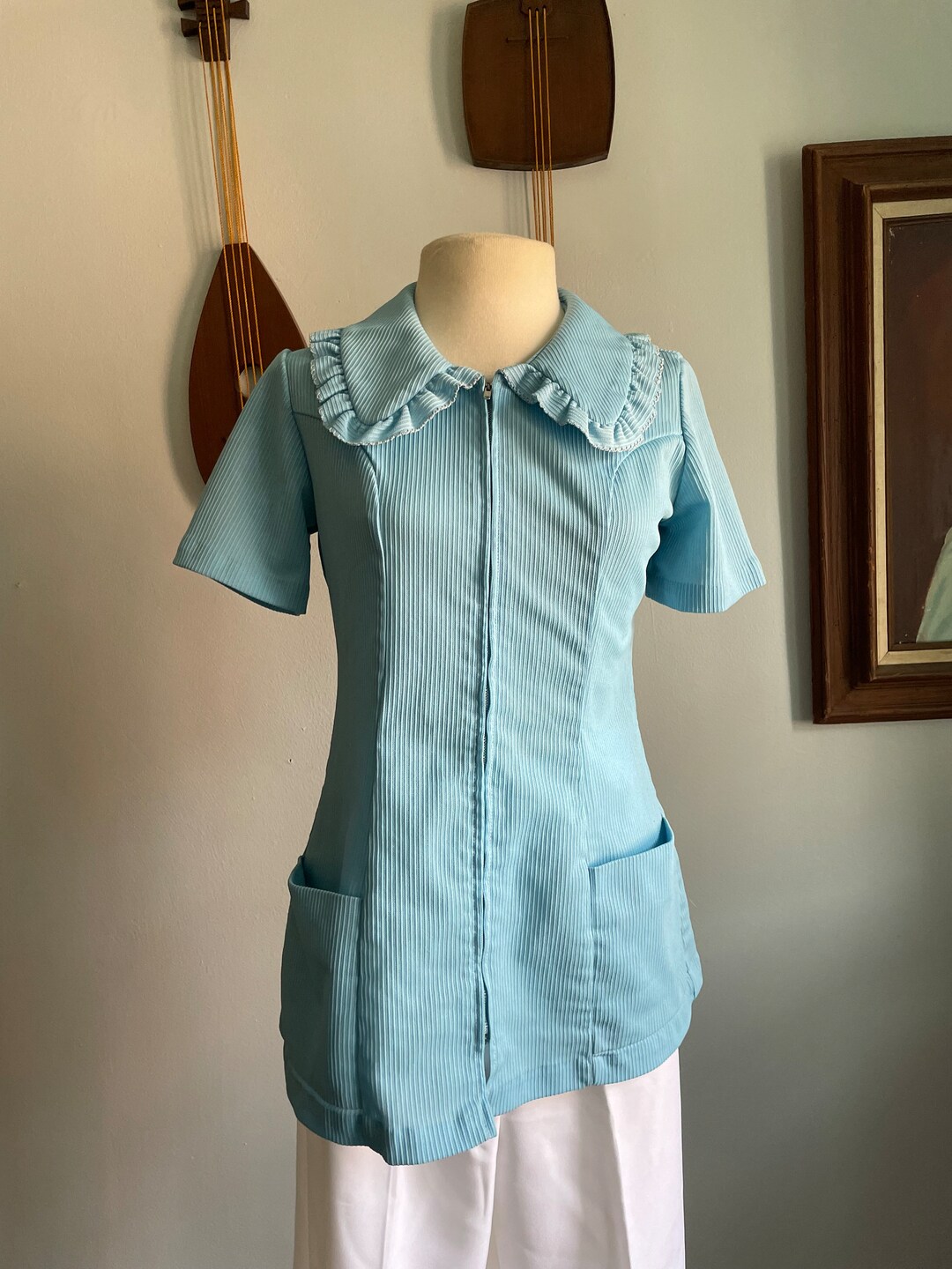 1970s Baby Blue Service Uniform Top With Ruffled Peter Pan Collar From ...