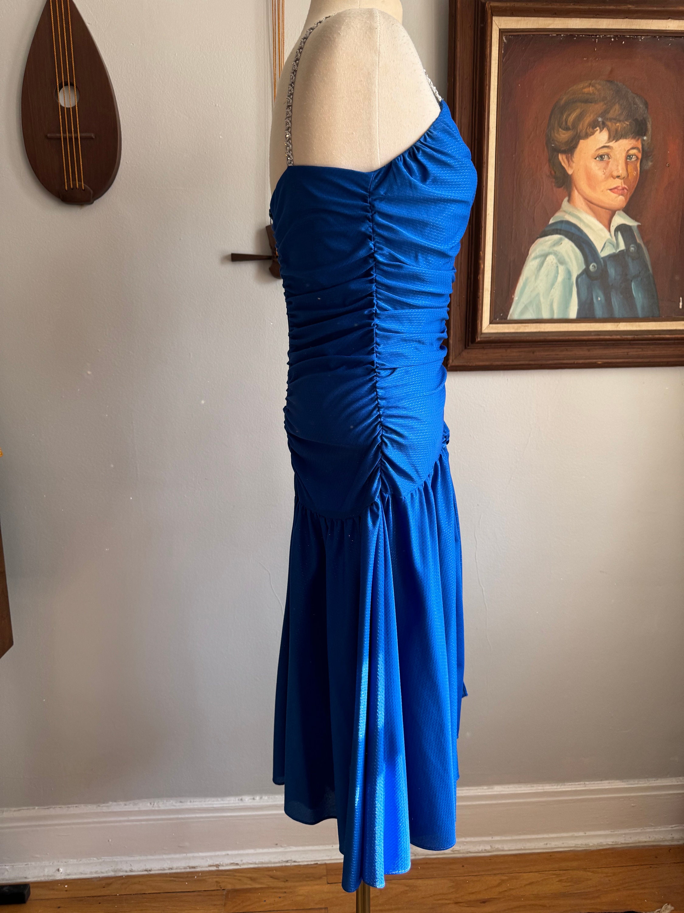 1970s/1980s Frederick's of Hollywood Blue Ruched Dress With Sequin ...