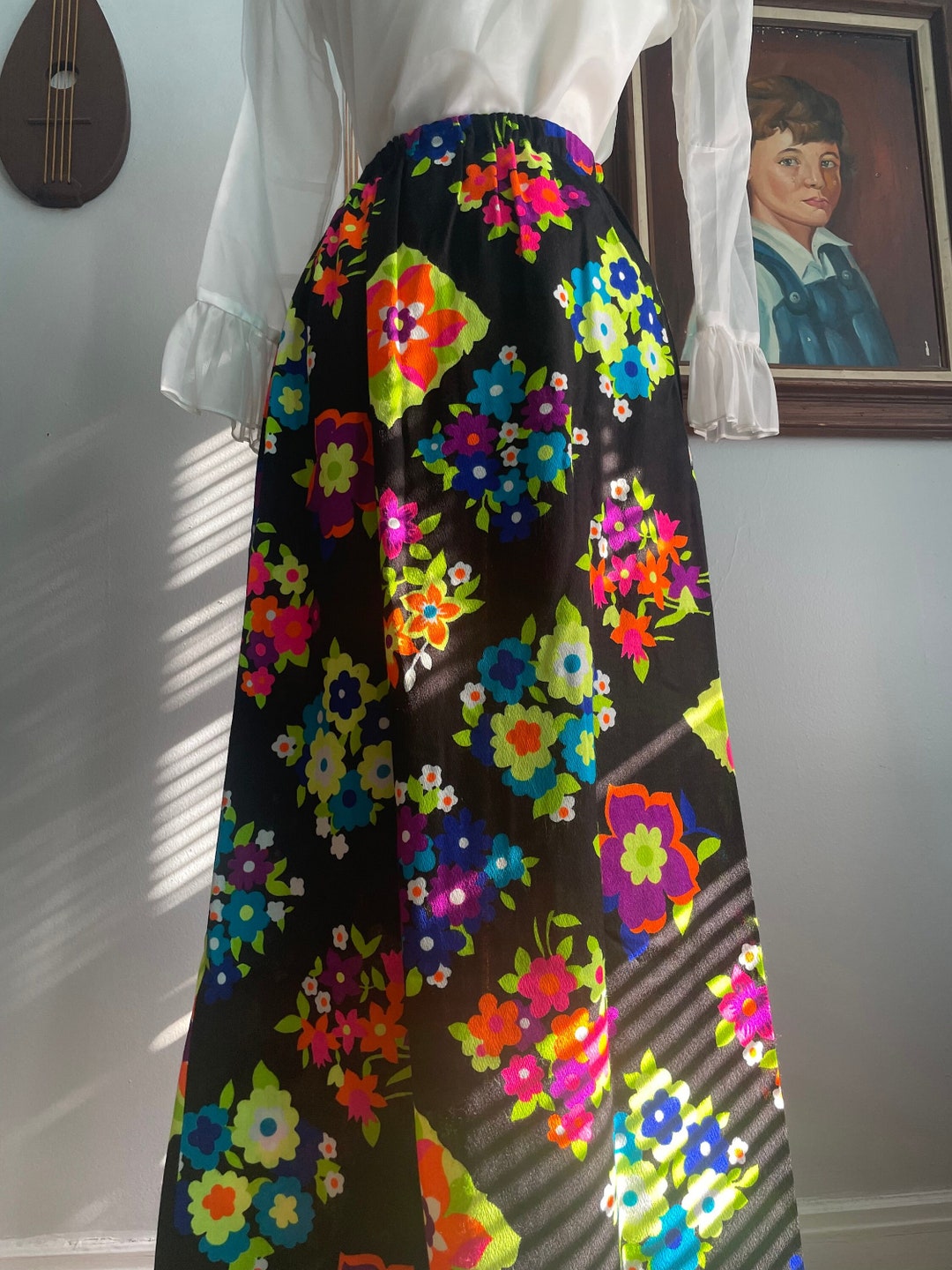 1970s Neon Flower Maxi Skirt - Etsy