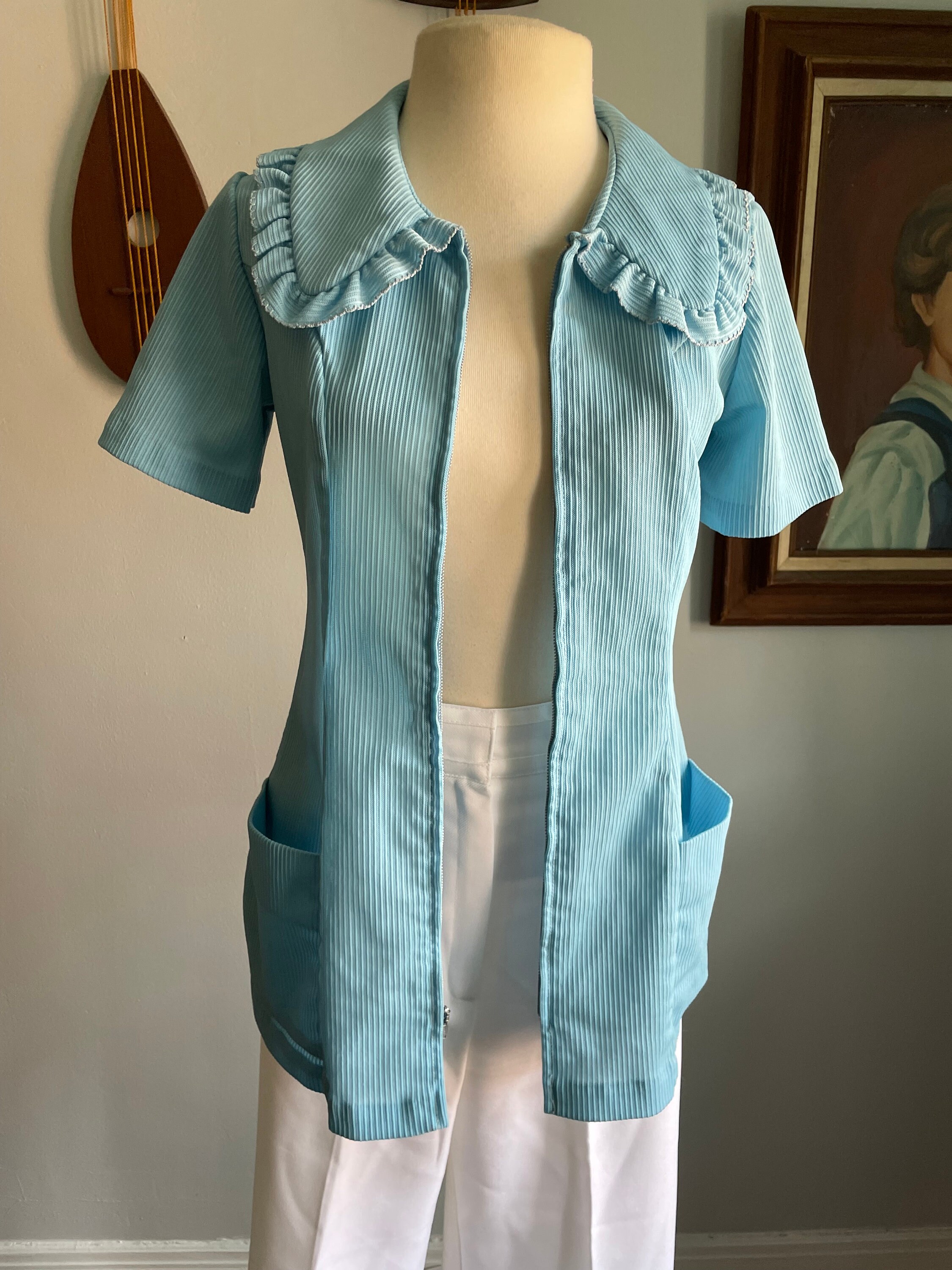1970s Baby Blue Service Uniform Top With Ruffled Peter Pan - Etsy