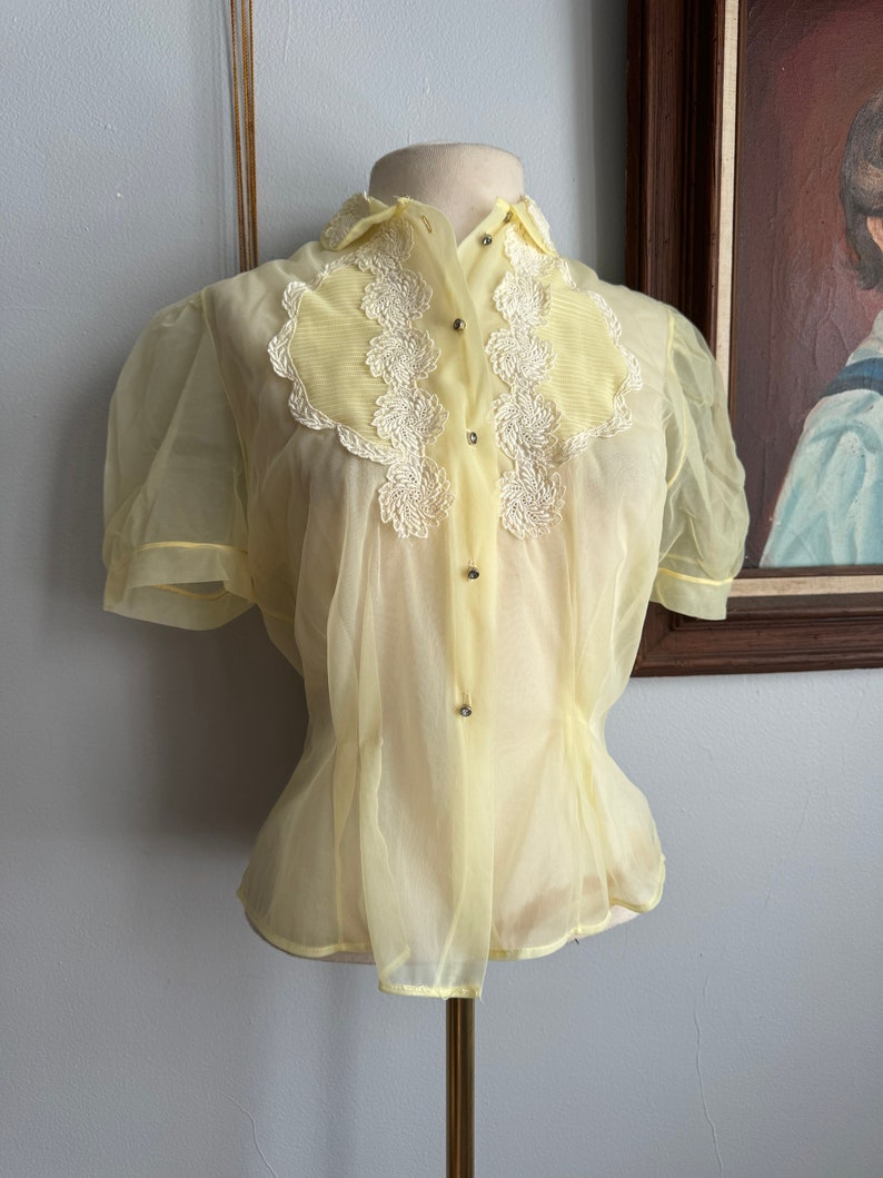 1950s Jo-lynn Sheer Yellow Nylon Blouse With Rhinestone Buttons and ...