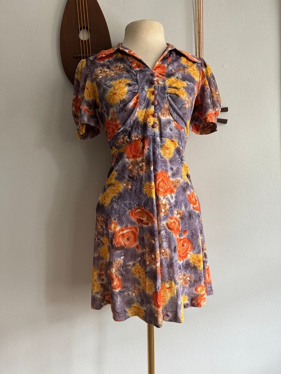 Floral Mini Dress 70s Babydoll Dress Periwinkle Blue … - Gem
