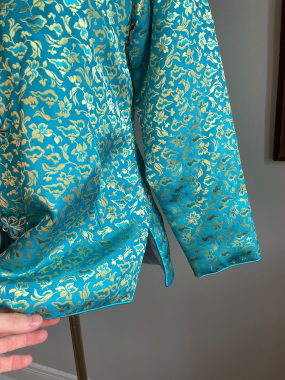 1960s Blue and Gold Liquid Satin Hostess Jacket - Gem