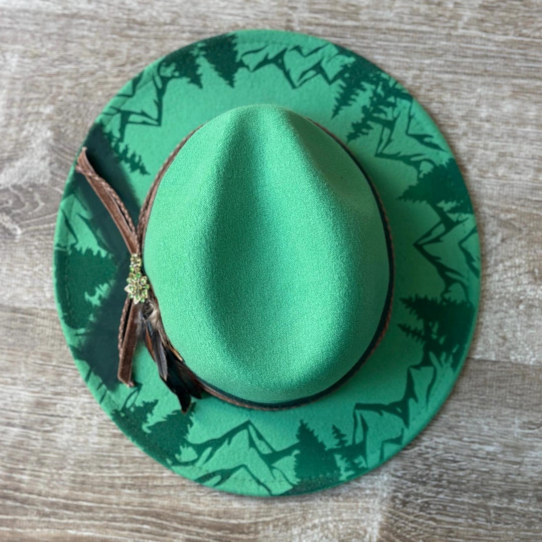 Laser Engraved Wide Brim Fedora: Green Forest Mountain Design - Etsy