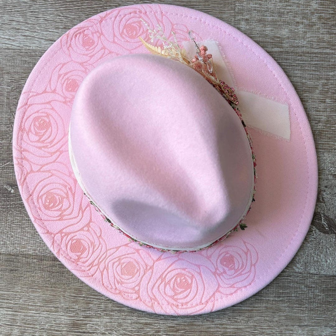 Custom Laser Engraved Wide Brim Hat: Light Pink Fedora With Rose Design ...
