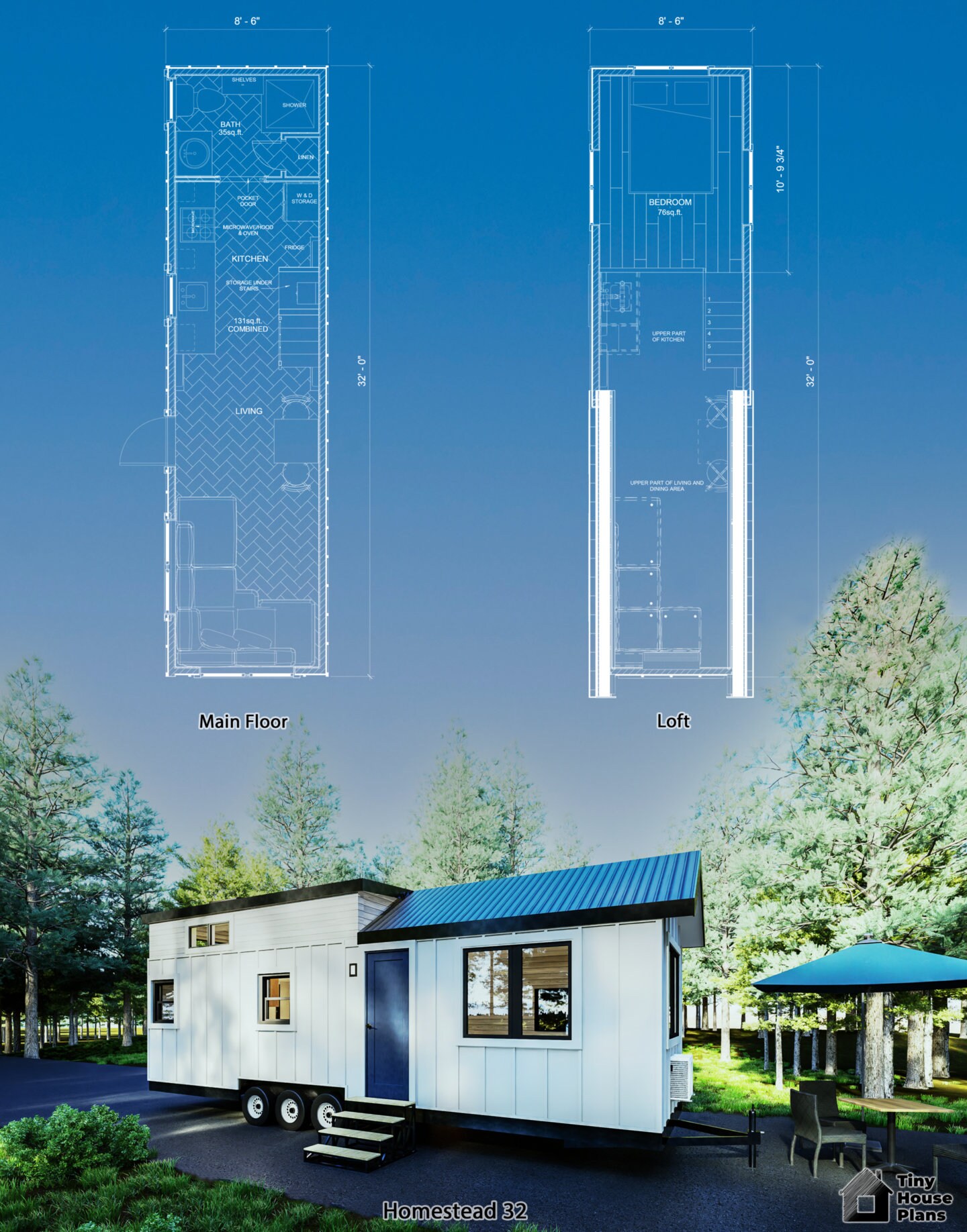 Homestead 32, Tiny House on Wheels Plans, Mobile Small Home Blueprints, 32x8 Portable Dwelling ...