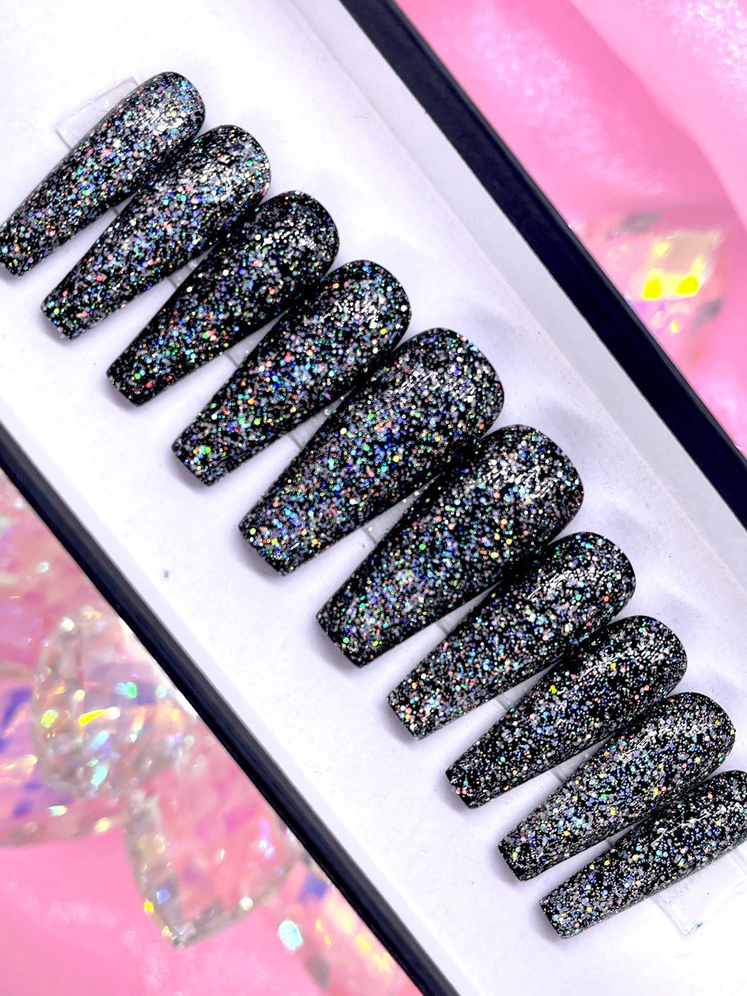 GALAXY | Black Press on Nails | Infinity Glitter Press Ons - Etsy