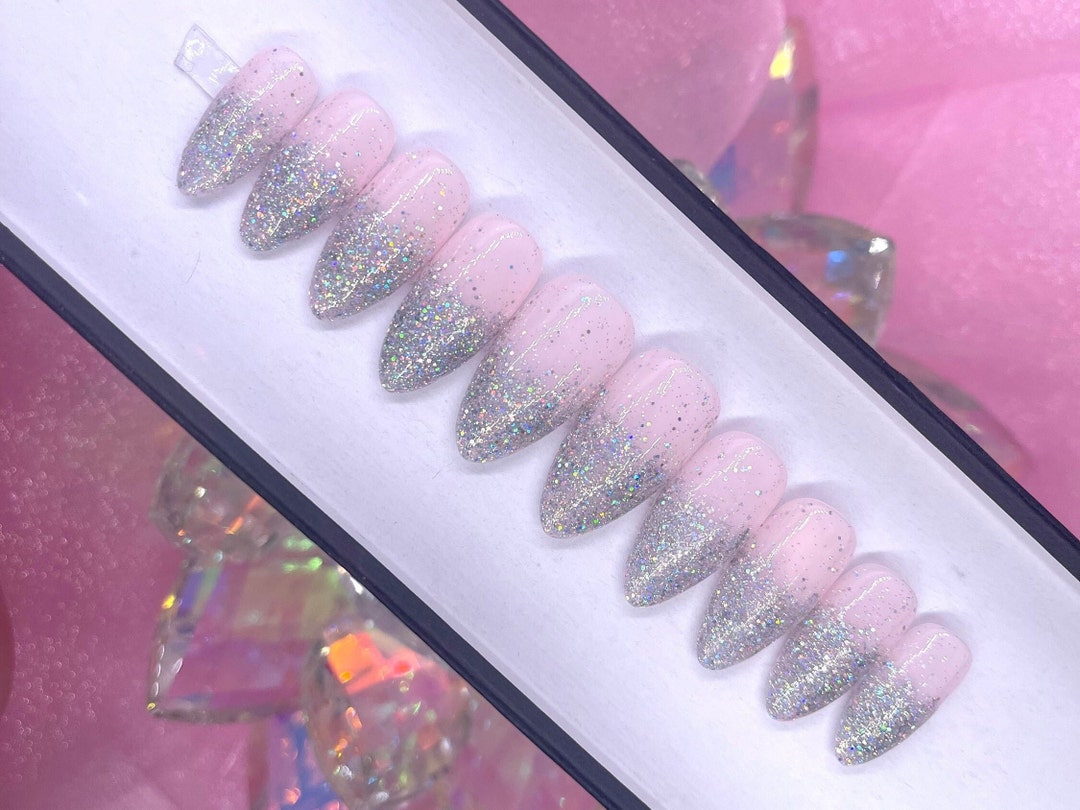 Dazzle Holographic Glitter Nails Nude W Glitter Tips Press On Nails