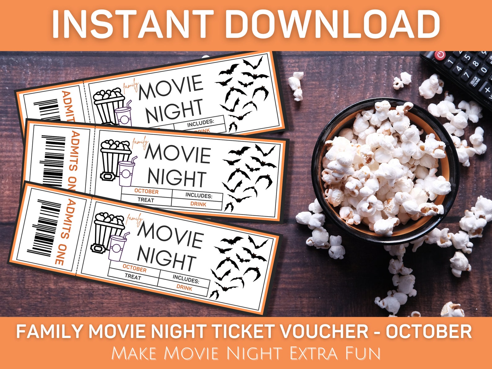 Family Movie Night Ticket Voucher Certificate October Halloween INSTANT ...
