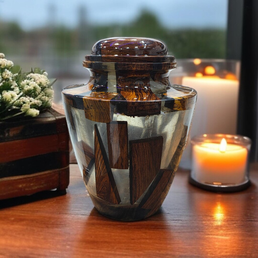 Geometric Wood Inlay Cremation Urn: Rosewood & Resin Memorial Keepsake ...