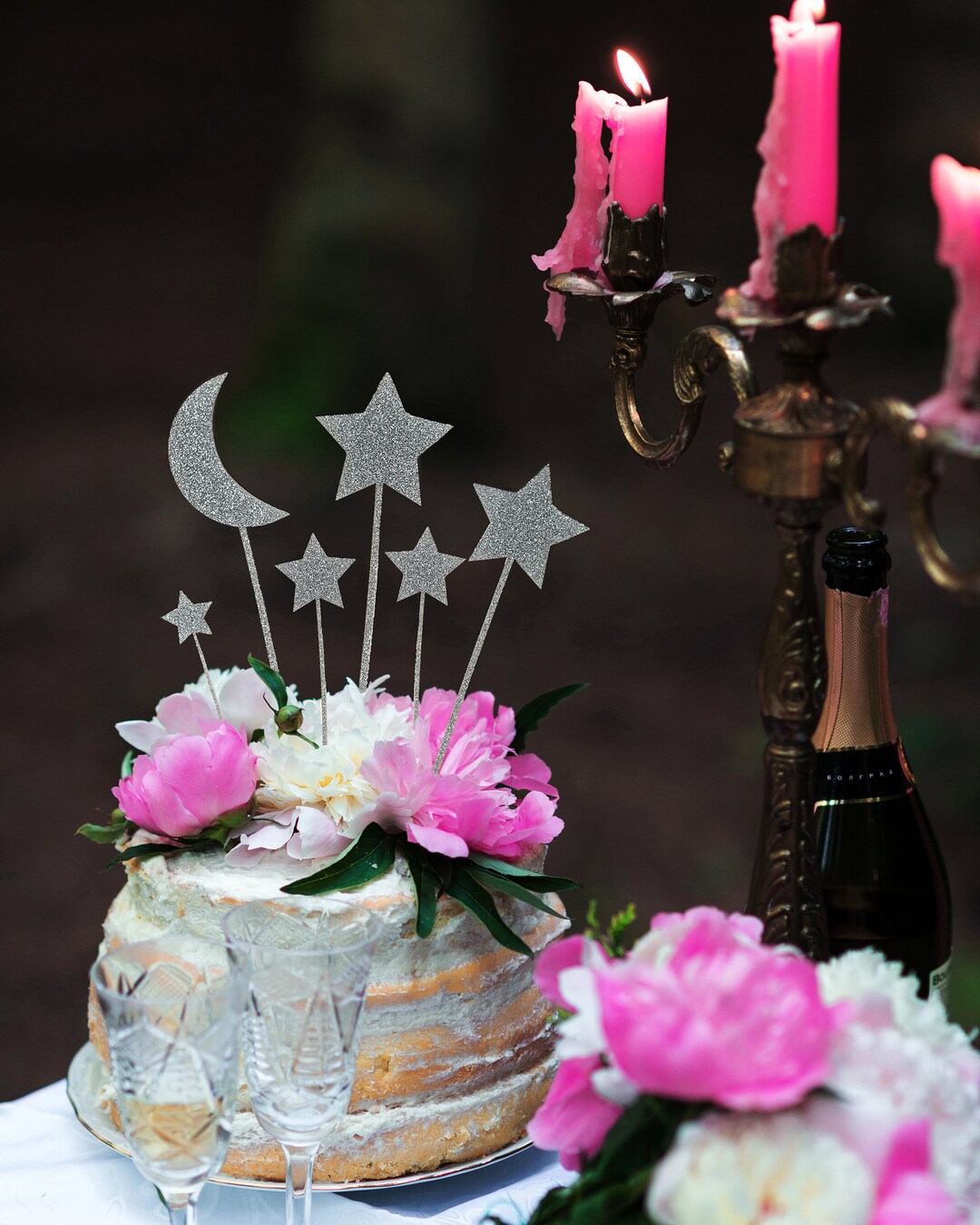 Silver Glitter Moon and Stars Cake Toppers, Silver Star Cake Toppers ...