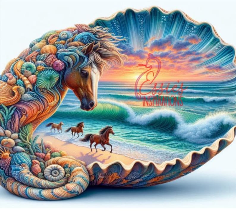 Beach Scene With Sea Shell and Horses - Etsy