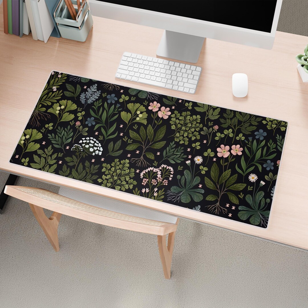 Retro Green Leaves Desk Mat, Large Mousepad, Floral Mousepads, Computer ...