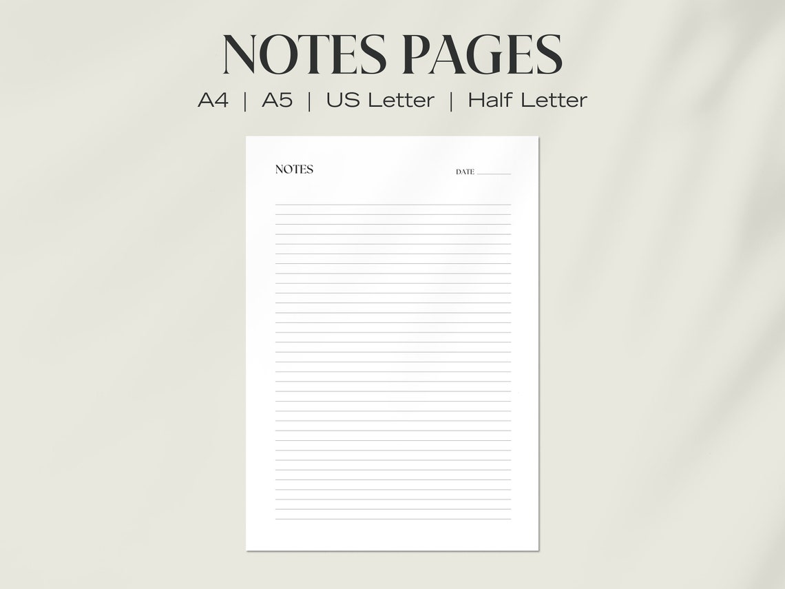 Notes Pages Printable Set , Lined Writing Paper, Printable Note Taking ...