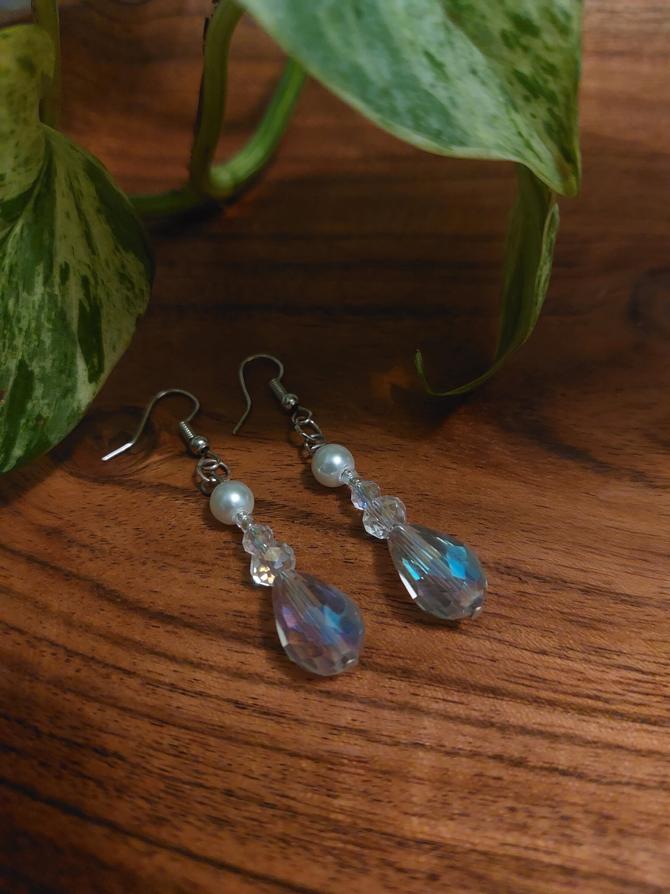 Silver Iridescent Rain Drop Beaded Earrings, Handmade Dangle Earrings ...