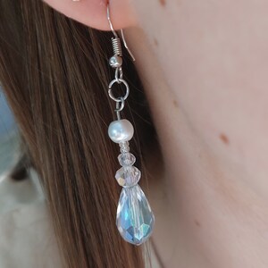 Silver Iridescent Rain Drop Beaded Earrings, Handmade Dangle Earrings ...