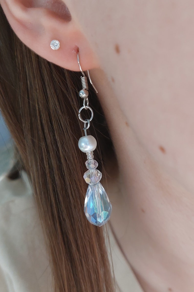 Silver Iridescent Rain Drop Beaded Earrings, Handmade Dangle Earrings ...