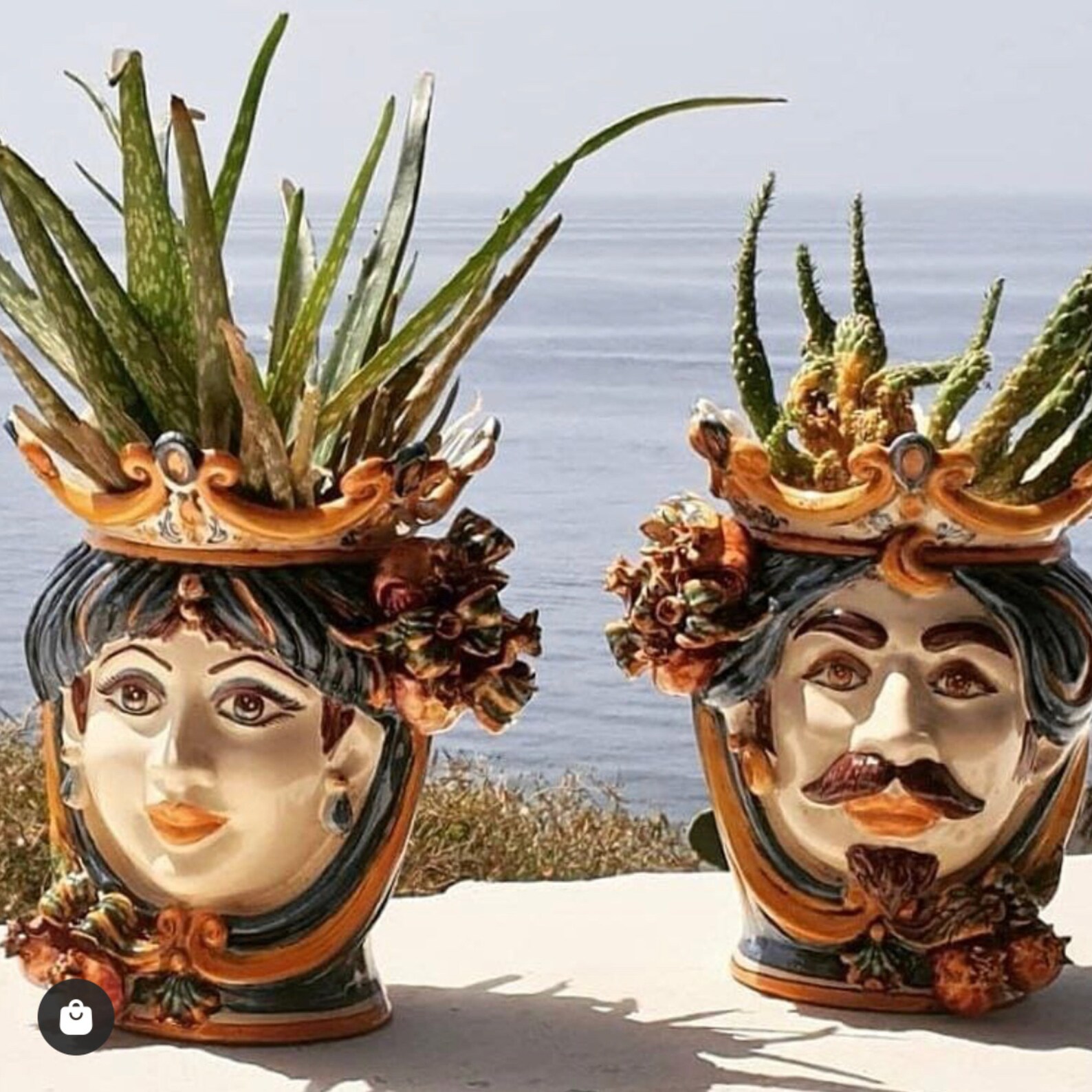 Sicilian Head Planter With Pomegranate Decoration, Blue and Orange ...
