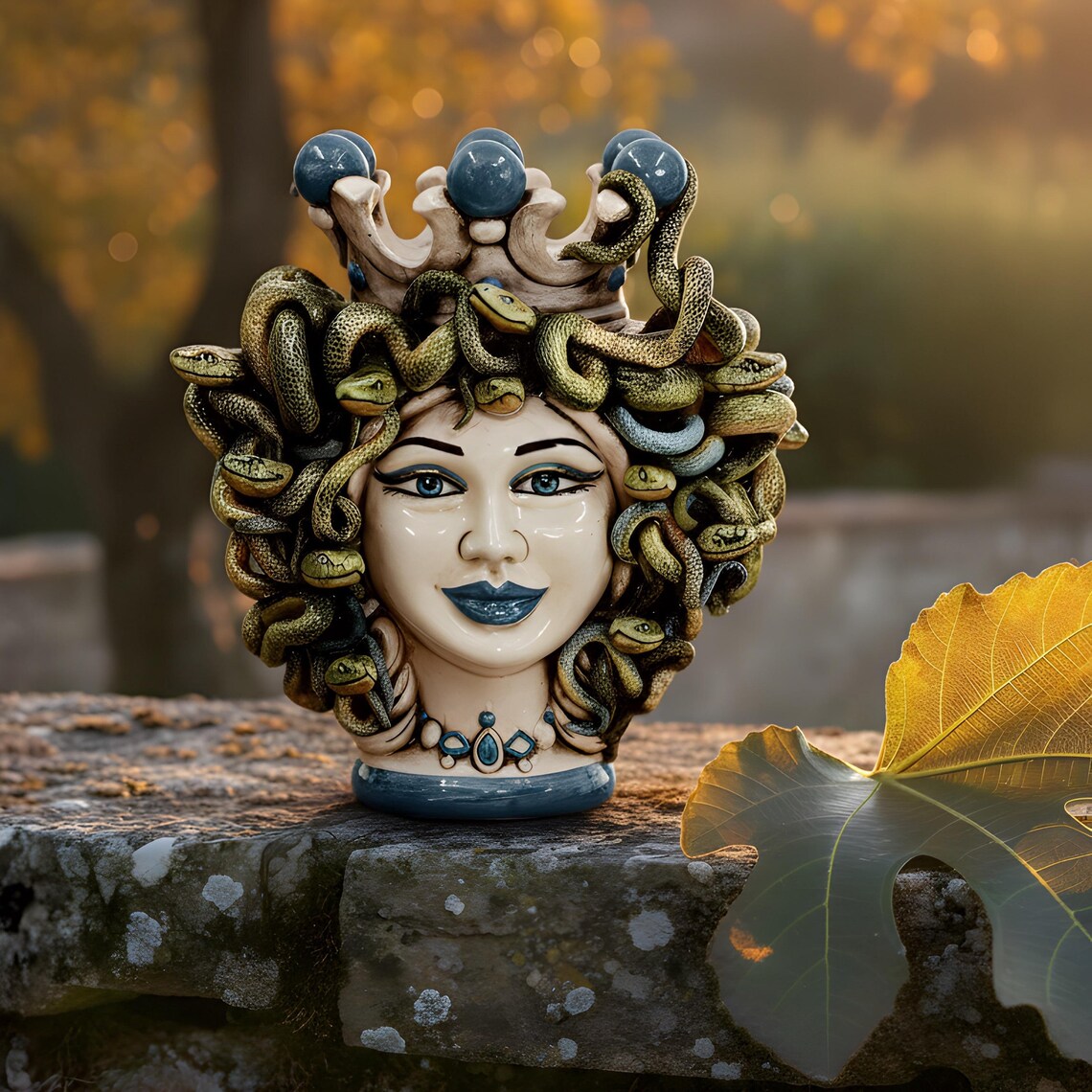 Handmade Medusa Ceramic Vase, Pearl Antiqued, Blue Beads, Caltagirone ...