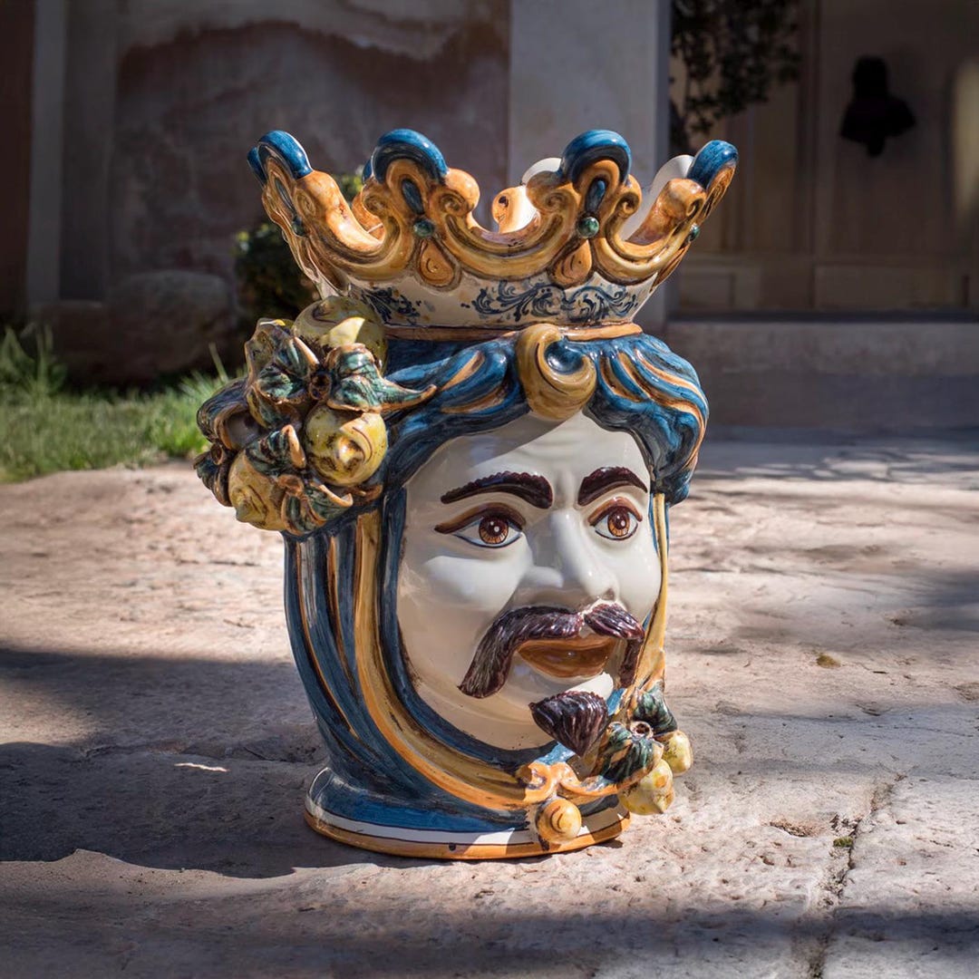 Sicilian Moorish Head Vase: Vibrant Blue and Orange, Handcrafted ...