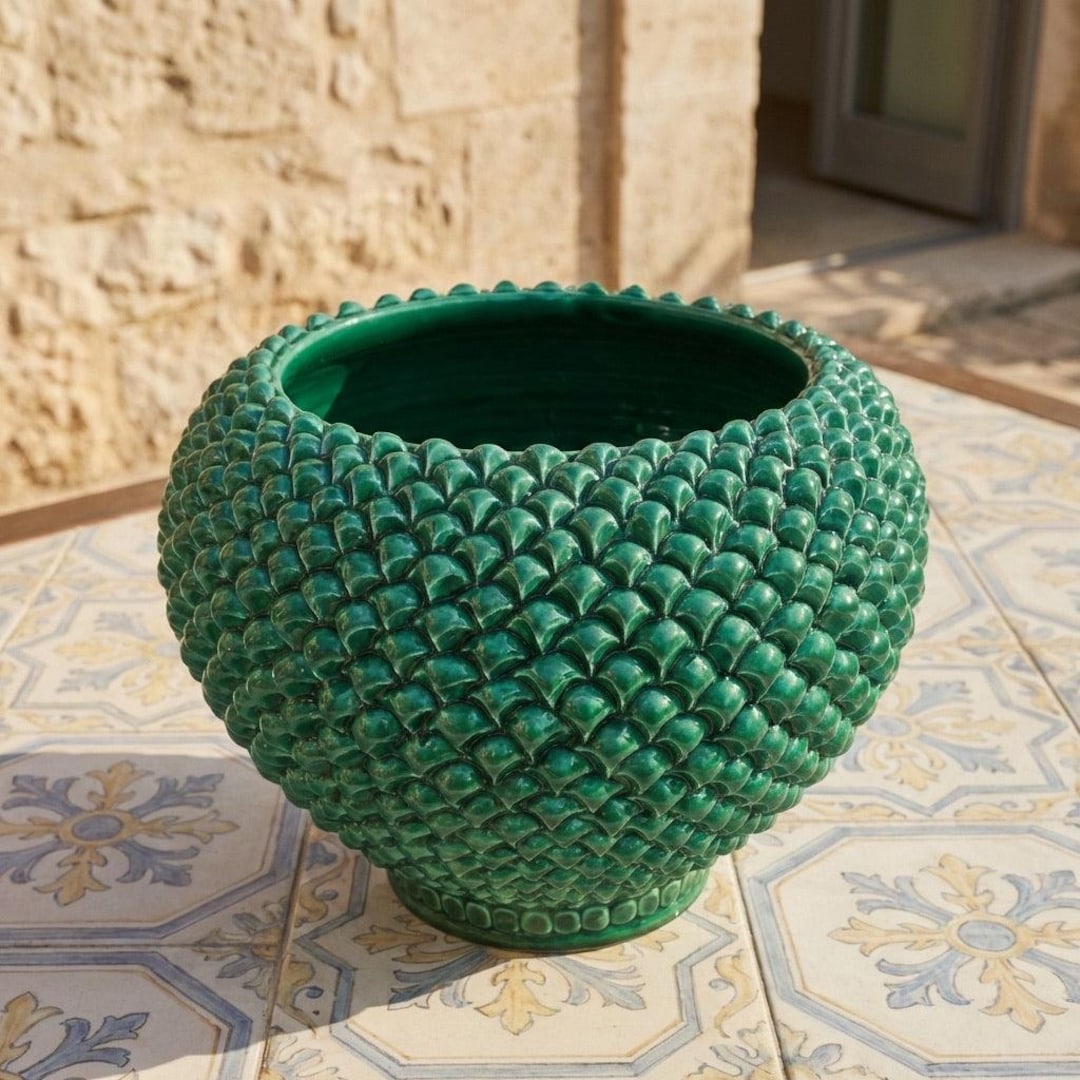 Emerald Green Pinecone Cachepot, Handmade Caltagirone Ceramic Planter ...