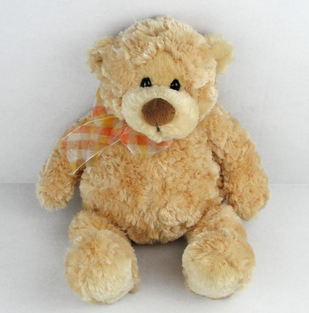 Gund Manni Teddy Bear Plush Tan Stuffed Animal Orange Plaid Bow 13 Inch ...