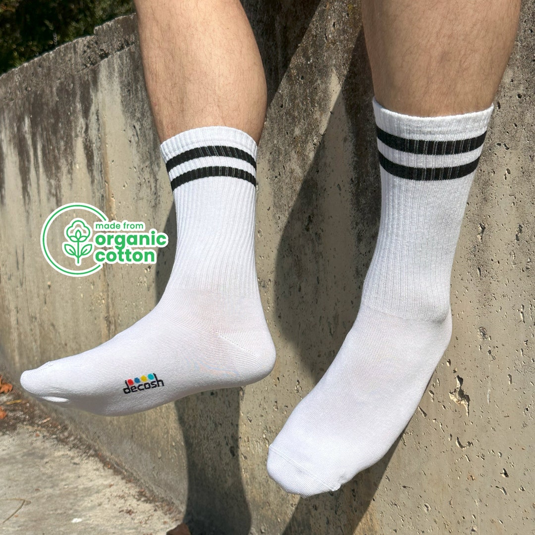 6 Pairs Organic Cotton Crew Socks: White Athletic Socks With Stripes - Etsy