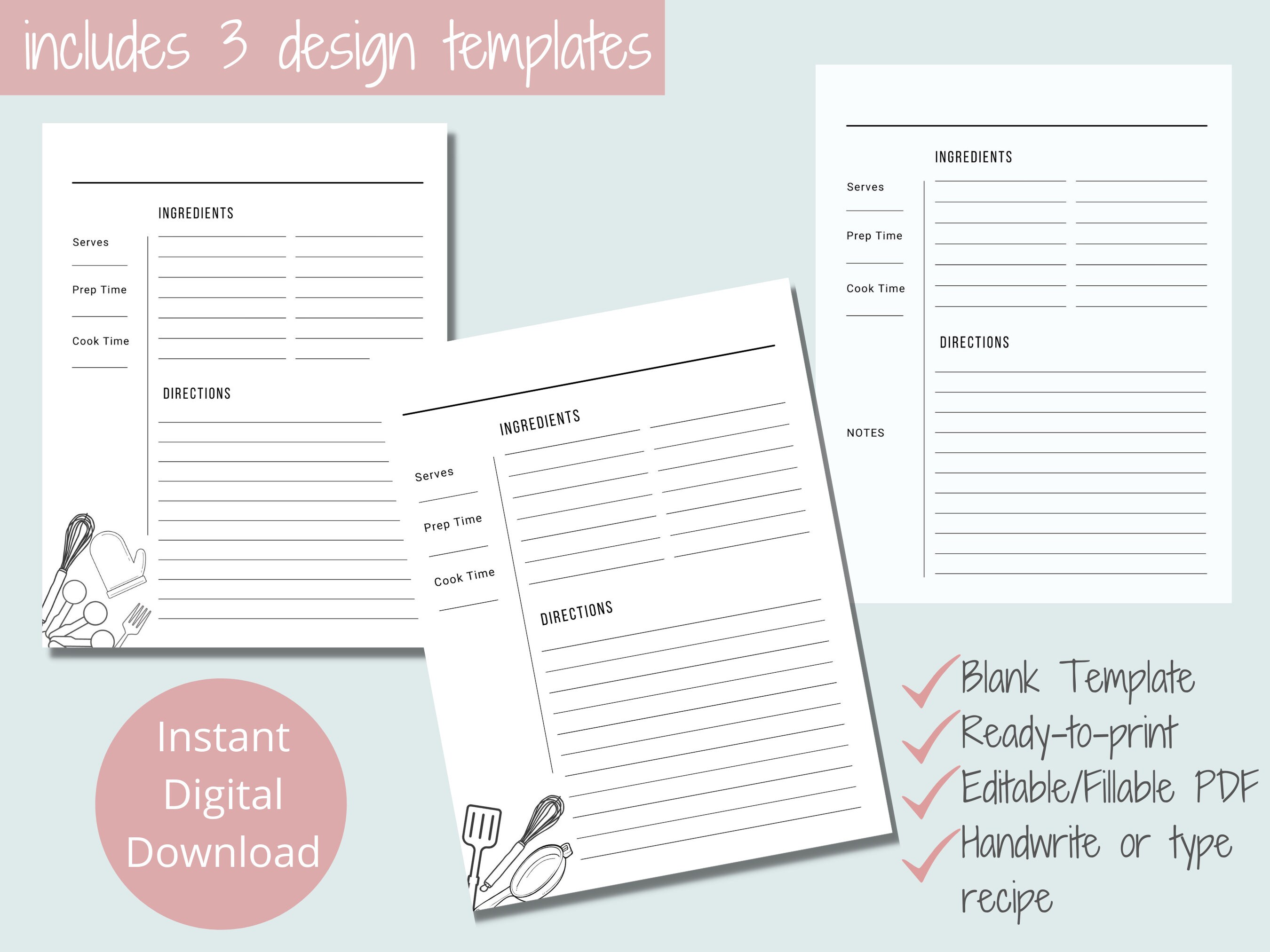 Editable Recipe Page Template, Custom Cookbook Templates, Family Recipe ...