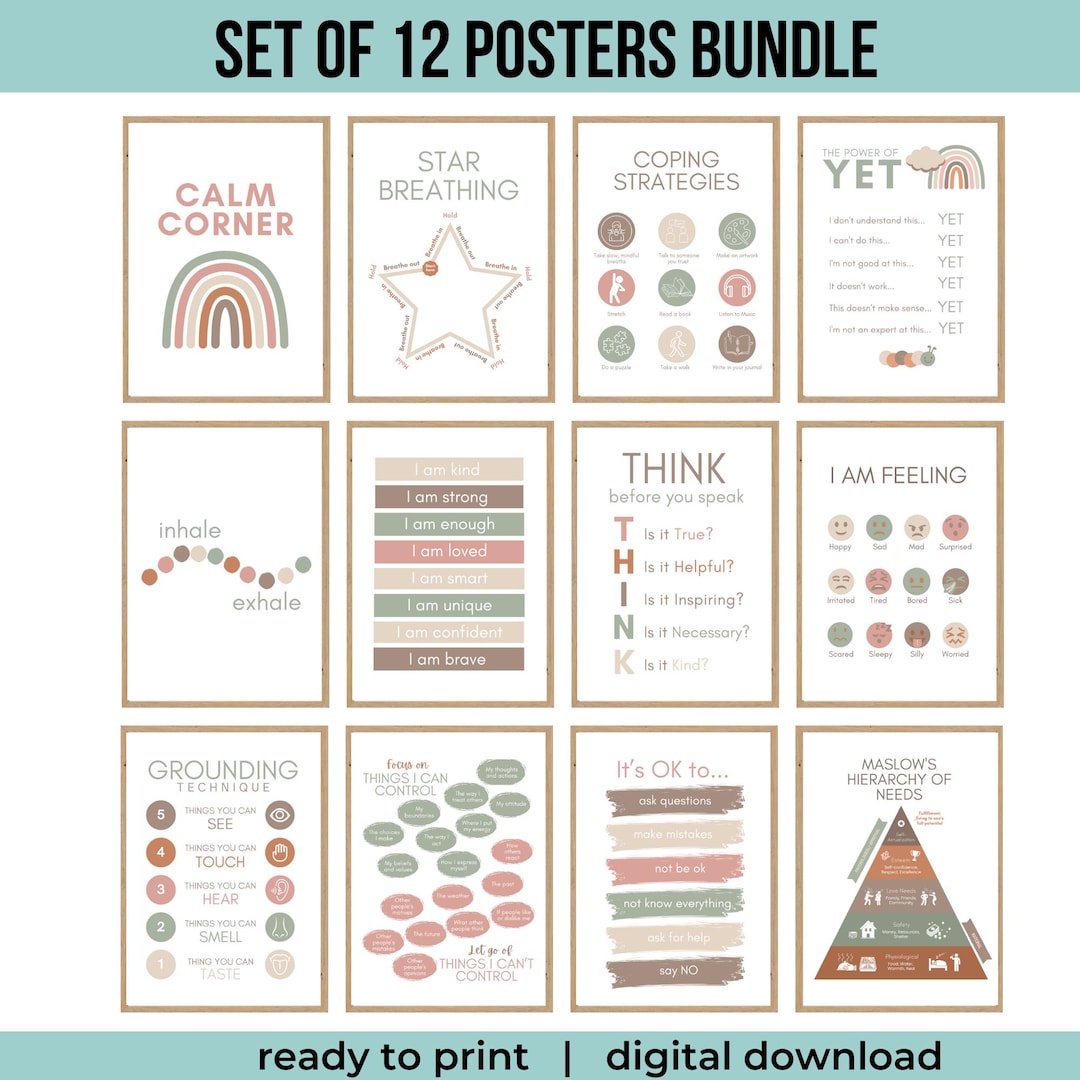 Printable Mental Health Posters for Kids, Calming Corner Bundle Set of ...