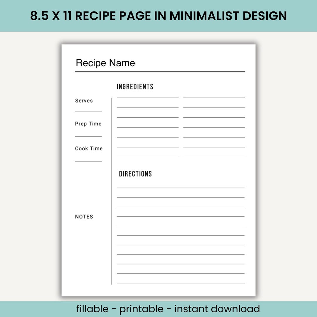 Printable 8.5 X 11 Recipe Page in Minimalist Design, Fillable Form ...