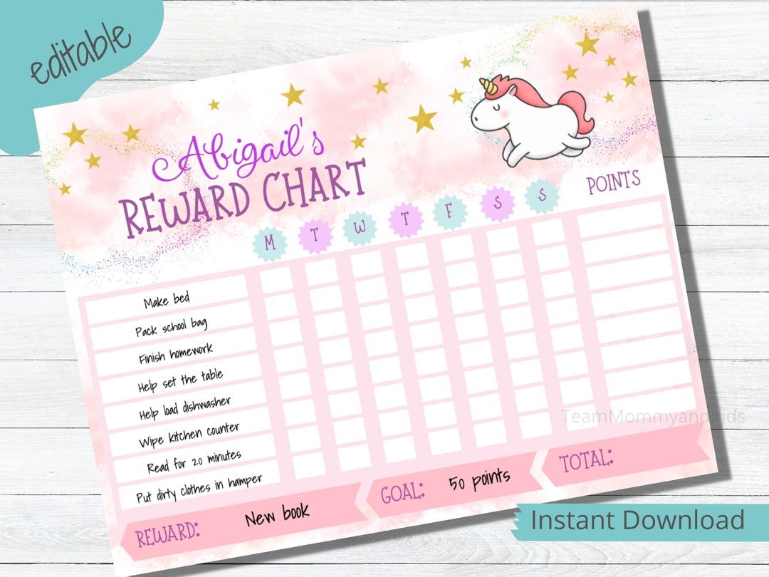 Printable Unicorn Chore Chart - Kids Reward System - Instant Download ...