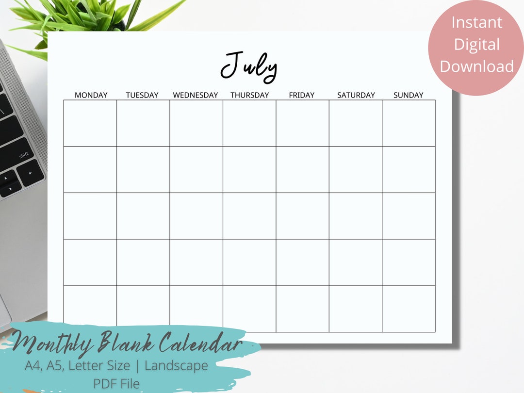 Minimalist Printable Monthly Calendar Templates - Clean Design - Monday ...
