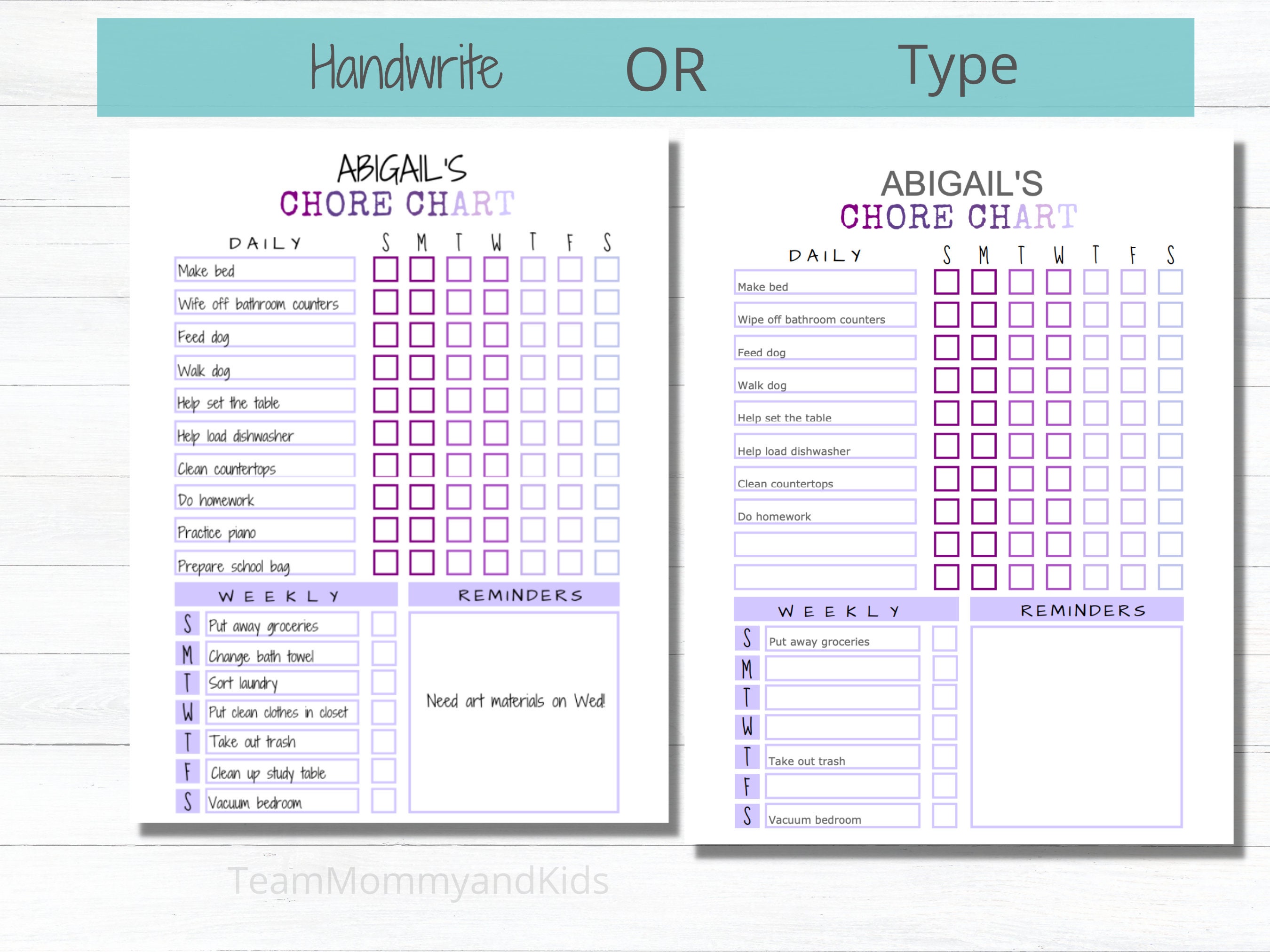 Responsibility Chore Chart for Kids Printable Daily Weekly Routine to ...