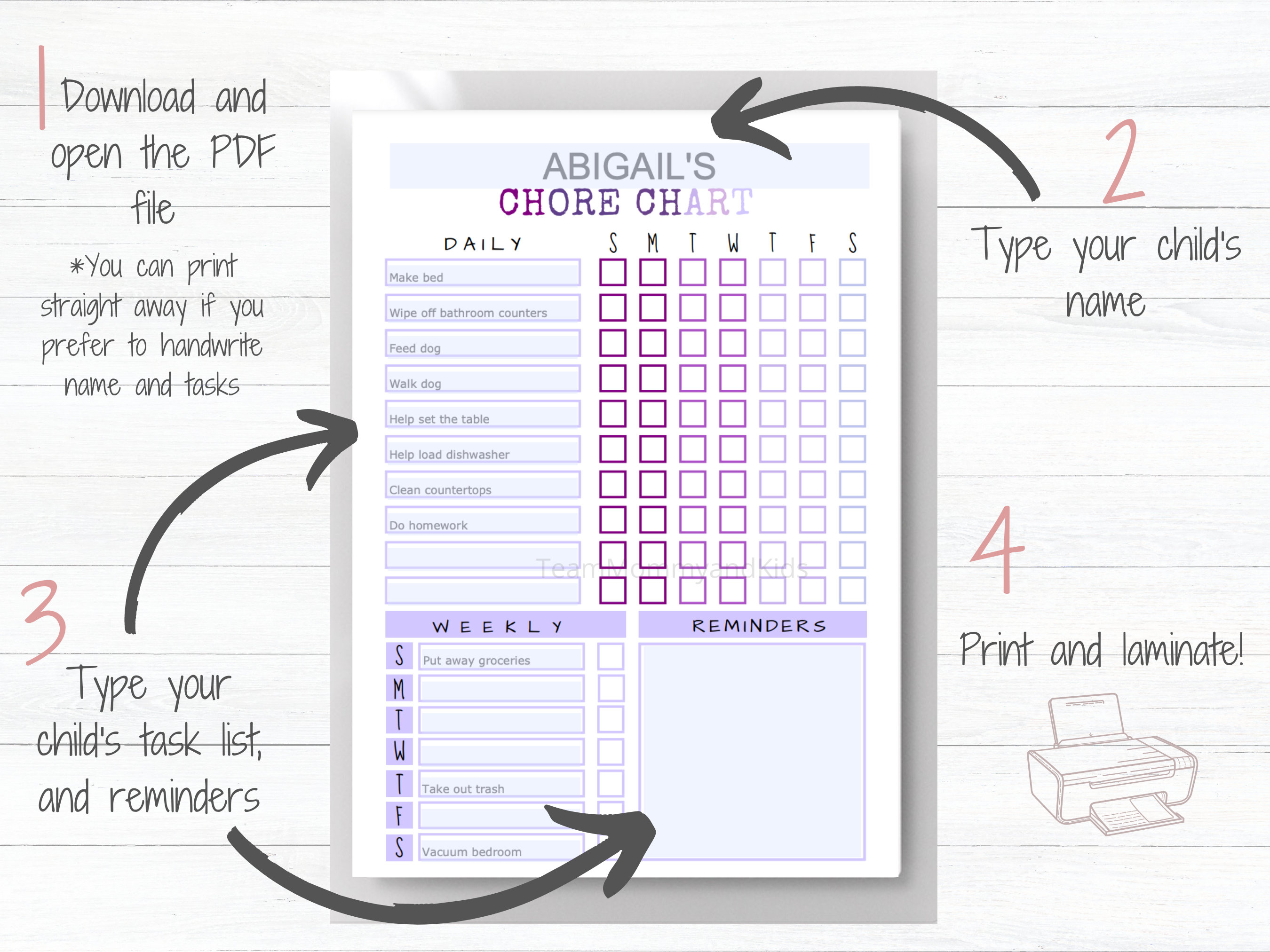 Responsibility Chore Chart for Kids Printable Daily Weekly Routine to ...