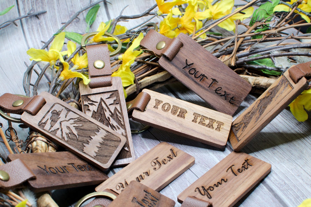Custom Engraved Wood Keychain With Mountains! Custom Text or Logo! - Etsy