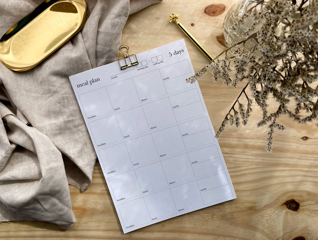 Weekly 5-day Meal Plan Printable, Minimal Planner for Productivity ...