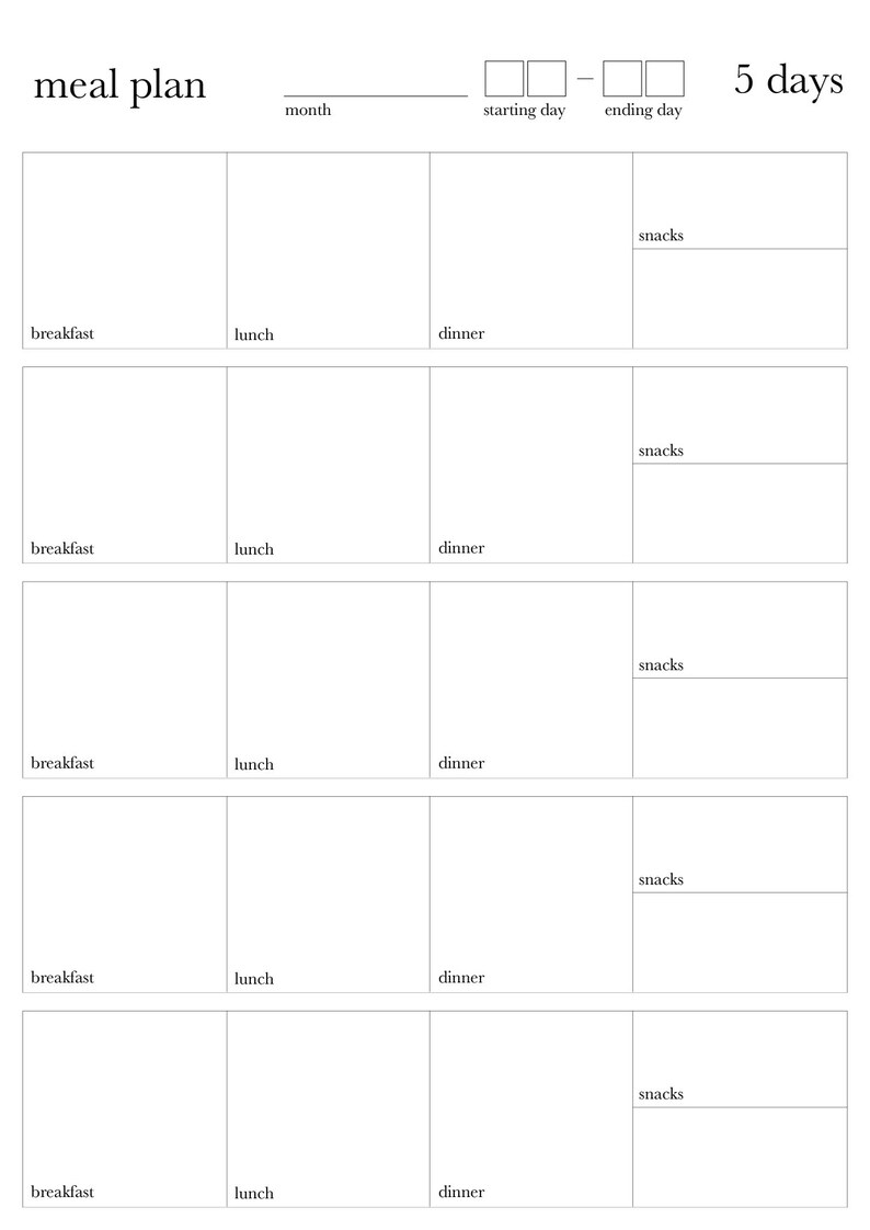 Weekly 5-day Meal Plan Printable, Minimal Planner for Productivity ...